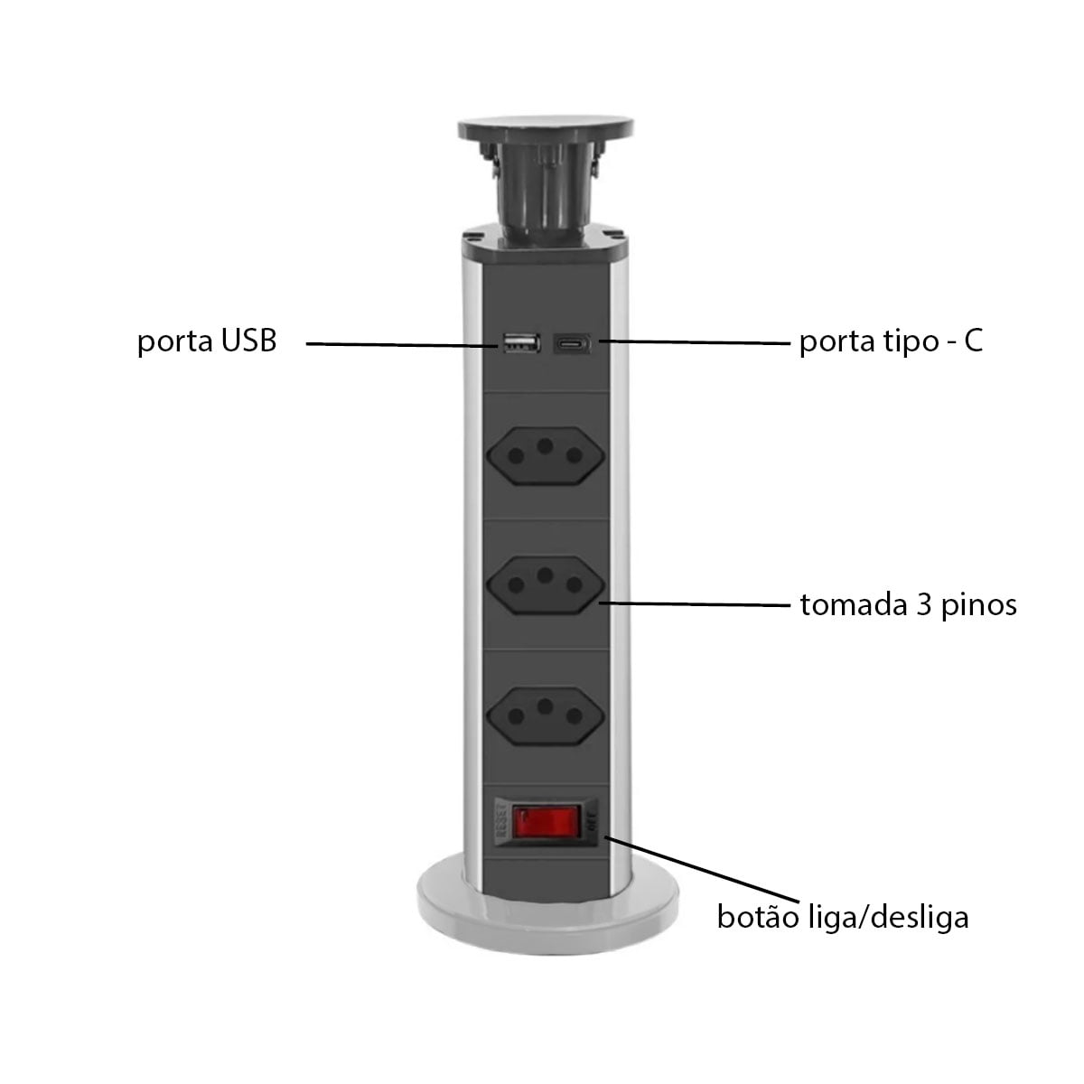Torre de Tomada Multiplug Retrátil 3 Tomadas e USB+USB-C Embutir ...